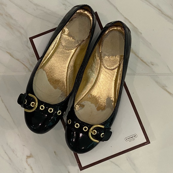Coach | Shoes | Coach Loiss Black Patent Gold Buckle Flats | Poshmark
